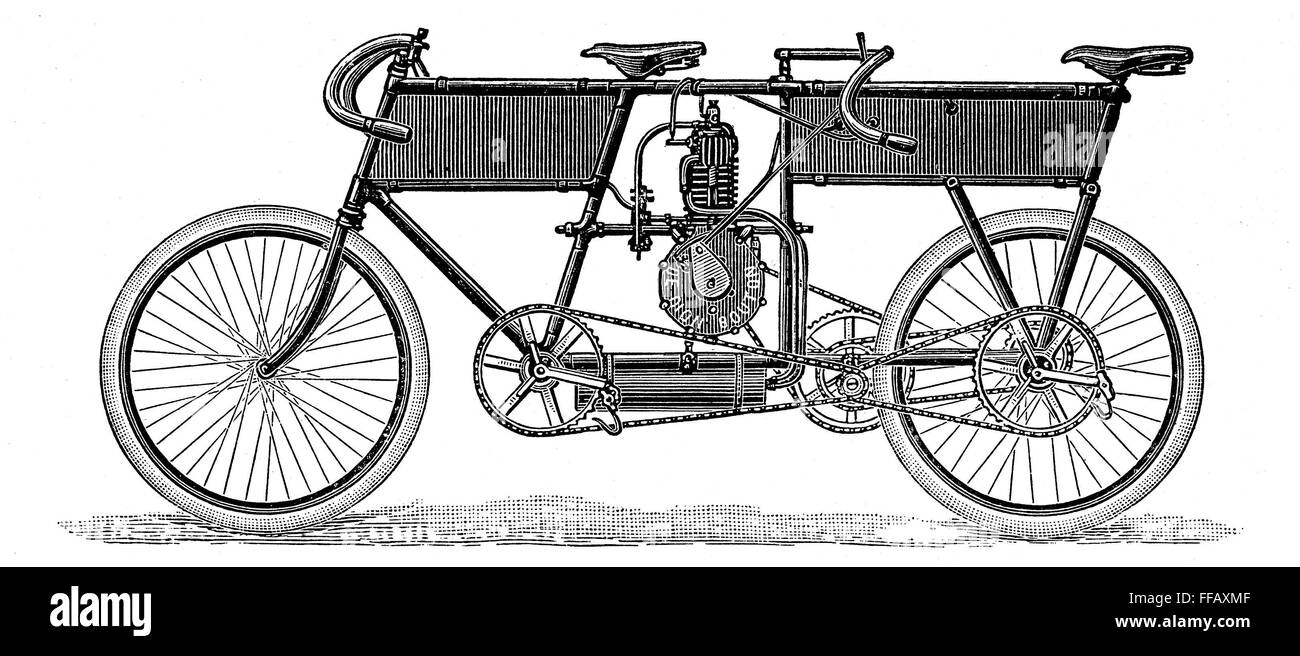 TANDEM MOTORCYCLE, 1899. /nWood engraving, French, 1899 Stock Photo - Alamy