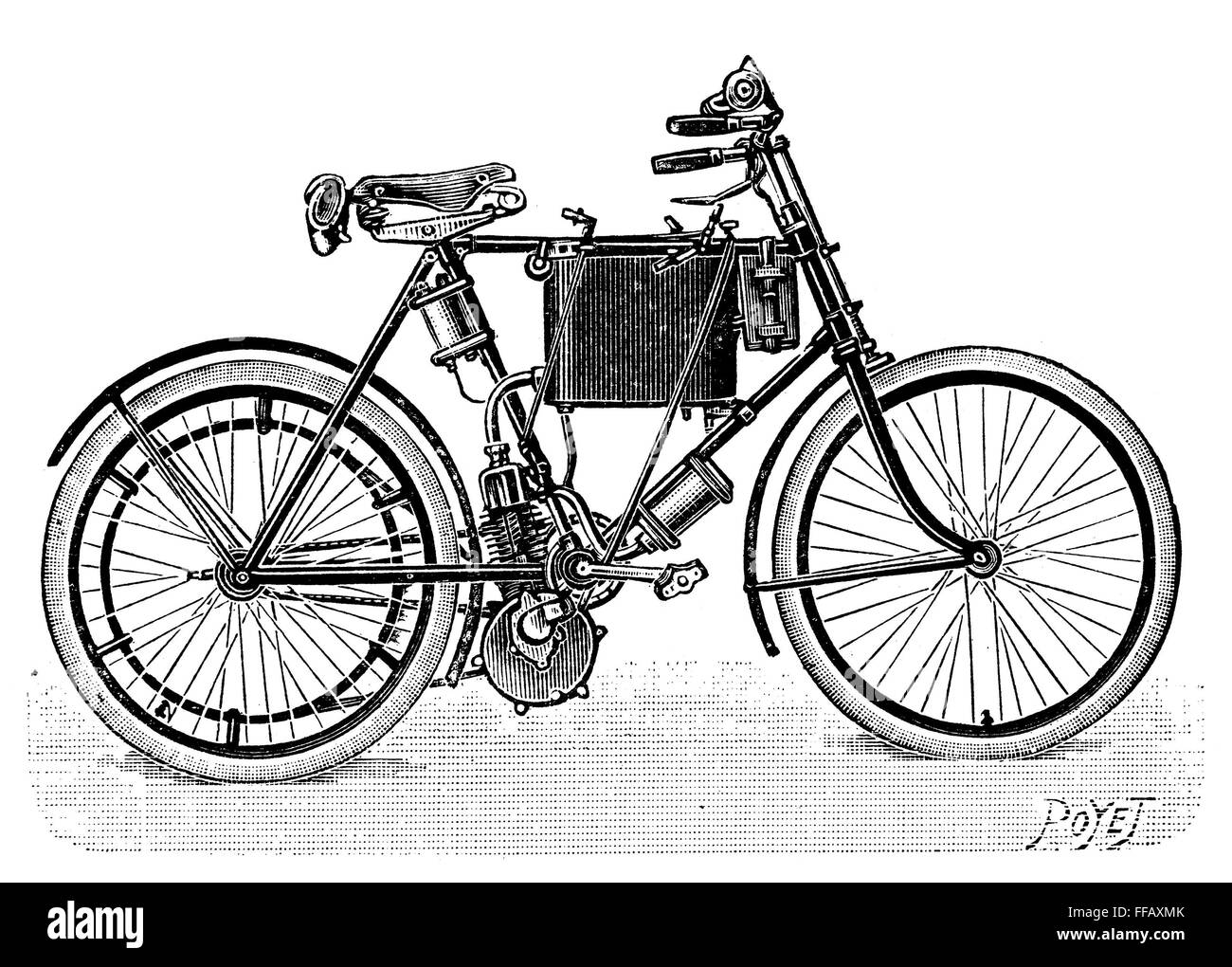 MOTORCYCLE, 1901. /nWood engraving, French, 1901 Stock Photo - Alamy