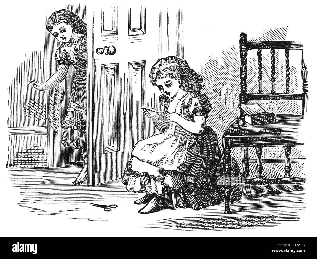 GIRL SEWING, 1873. /nWood engraving, American, 1873 Stock Photo - Alamy