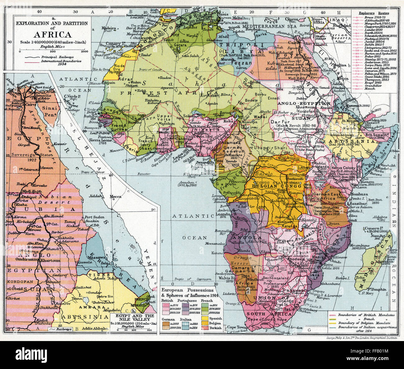 PARTITIONED AFRICA, 1914. /nMap of Africa, English, 1934, with colors ...