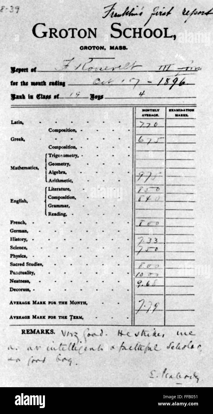ROOSEVELT REPORT CARD. /nReport card of Franklin Delano Roosevelt (1882 ...