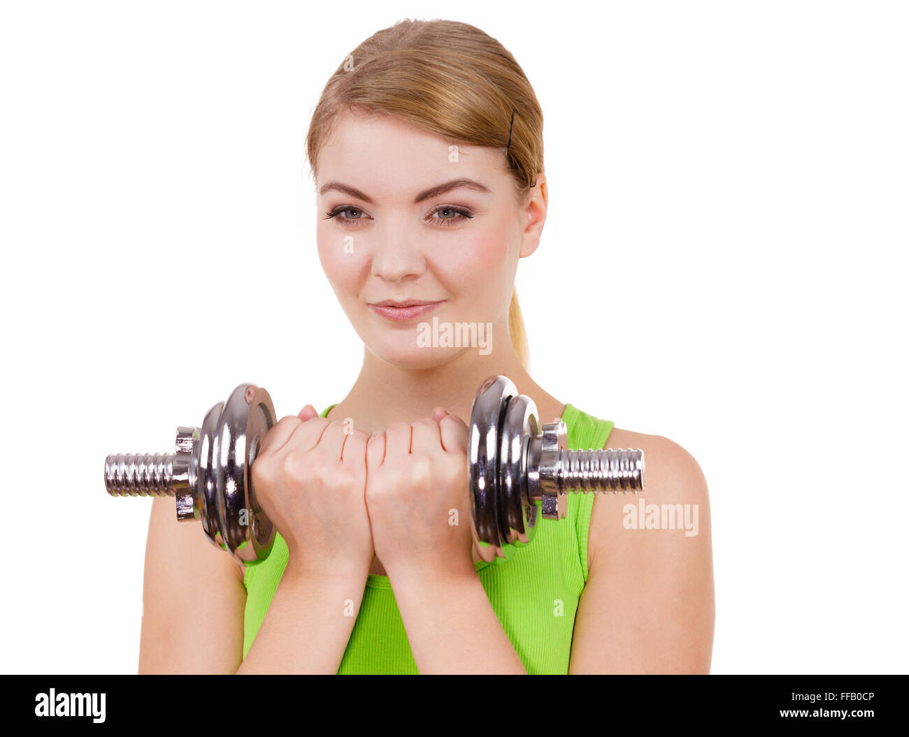 Woman exercising with dumbbells. Fit fitness girl lifting heavy weights ...