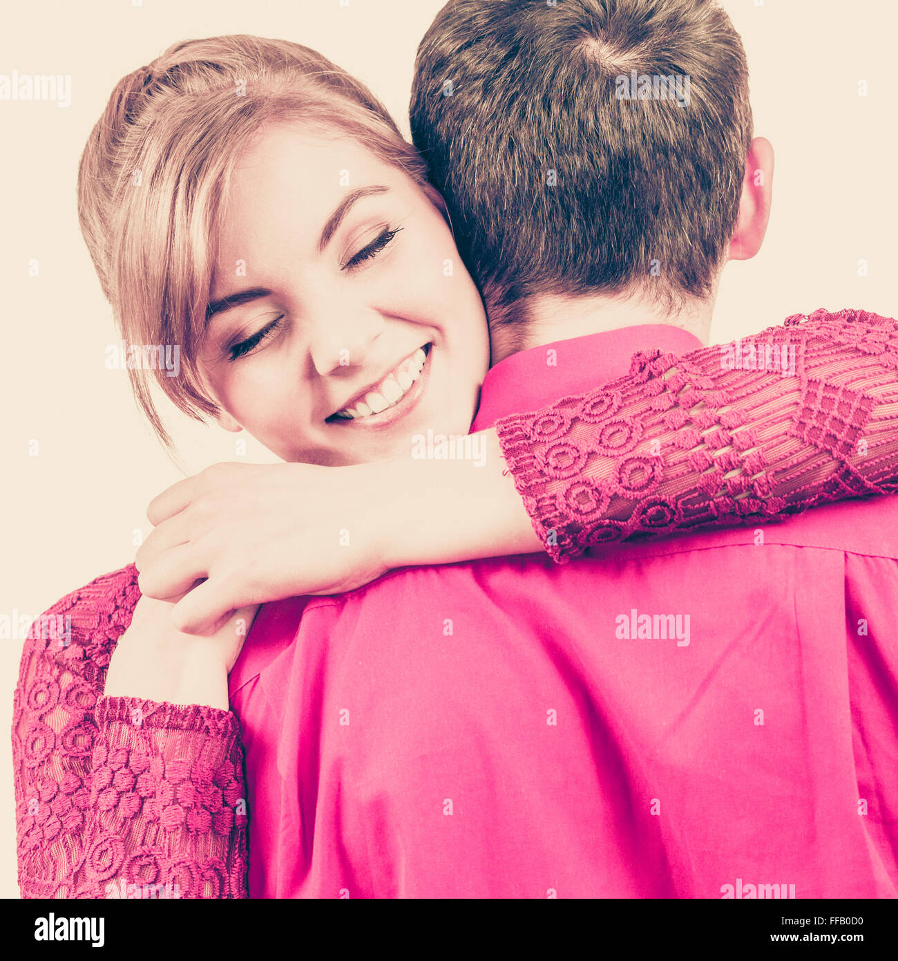 Young beauty woman hug man romantically. Couple in love on date ...