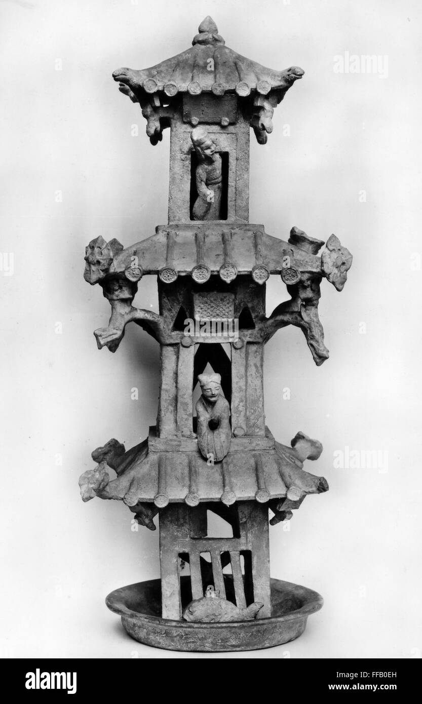CHINA: POTTERY. /nEarthenware tomb model of a watchtower. Han Dynasty ...