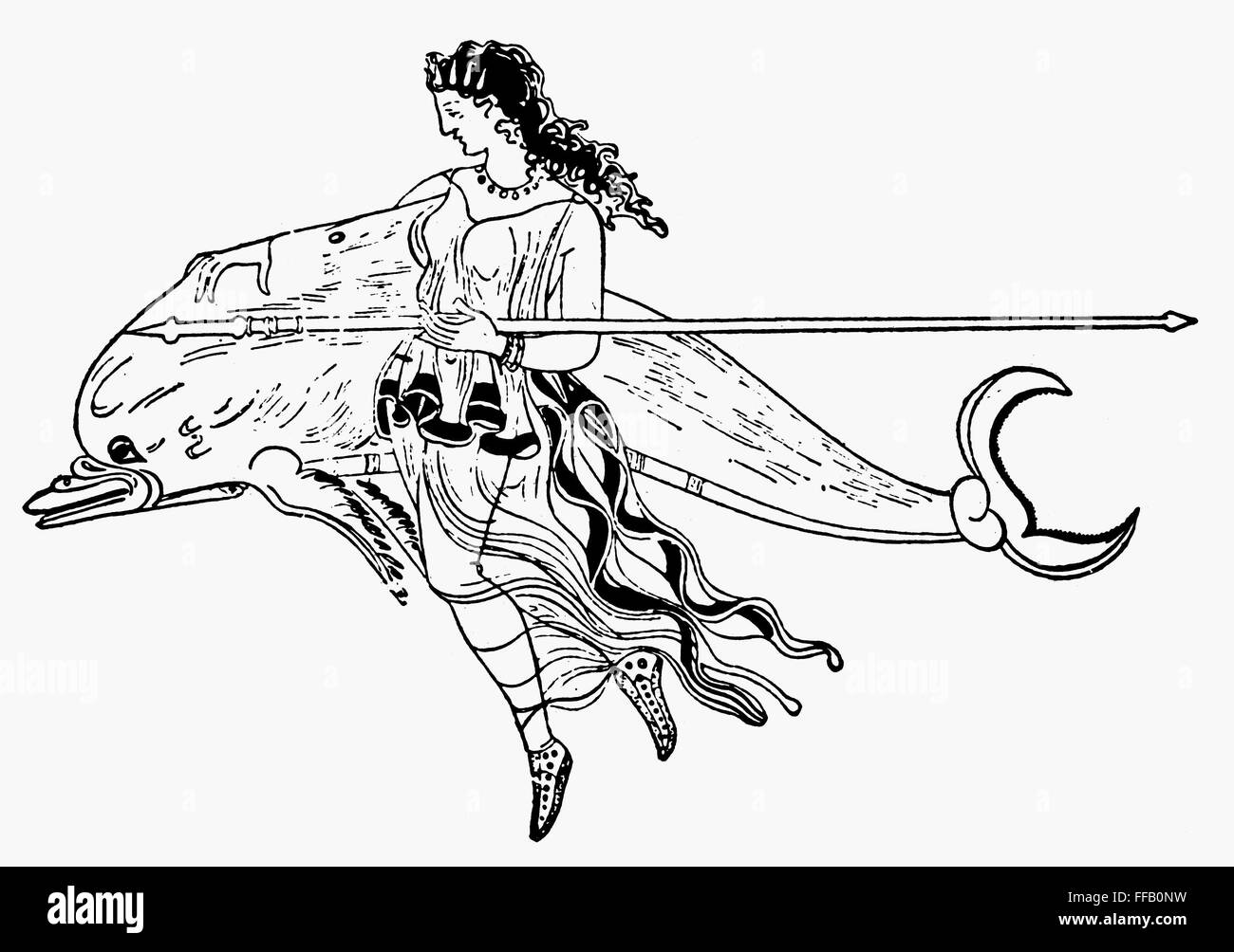 MYTHOLOGY: NEREID. /nNereid playing with a dolphin. After an antique ...