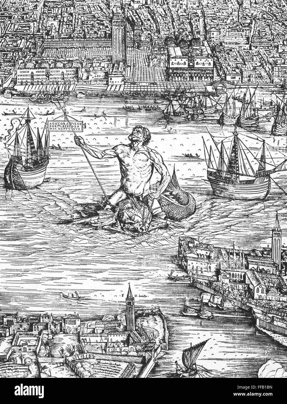 MYTHOLOGY: POSEIDON. /nPoseidon riding on a dolphin into the harbor of ...