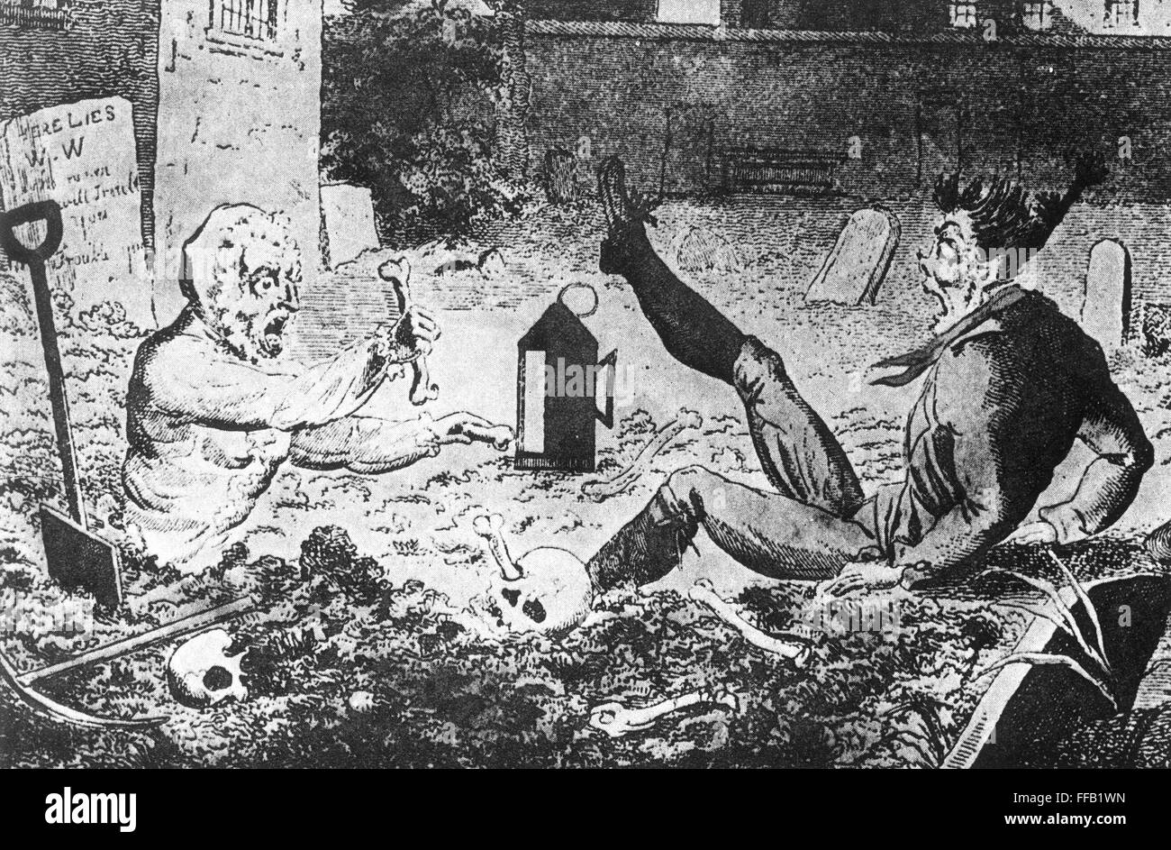 GHOST AND GRAVE ROBBER. /nAn enraged ghost, rising from the earth, with ...