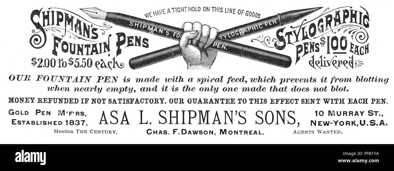 HANDWRITING: PENS, 1890. /nAdvertisement for fountain and stylographic ...