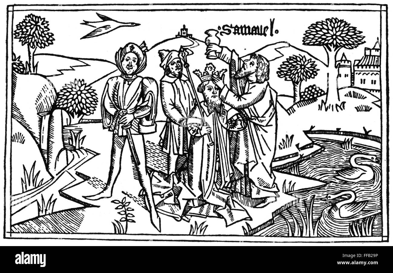SAMUEL ANOINTING SAUL /n(I Samuel 10:1). Woodcut from the Cologne Bible ...