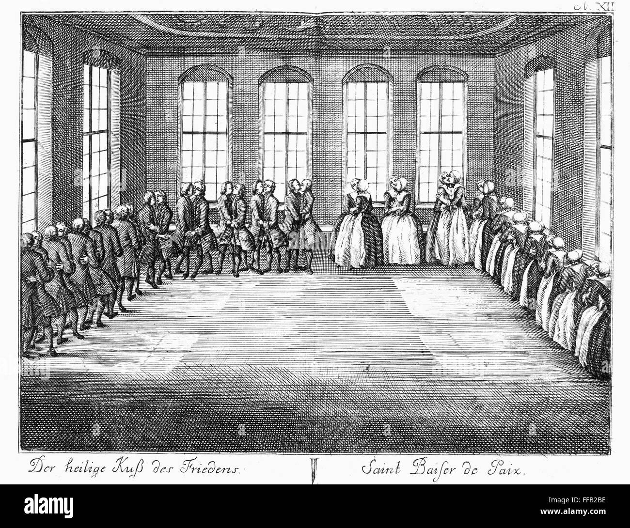 MORAVIANS, 1757. /nMoravians exchanging the Holy Kiss of Peace. Line ...