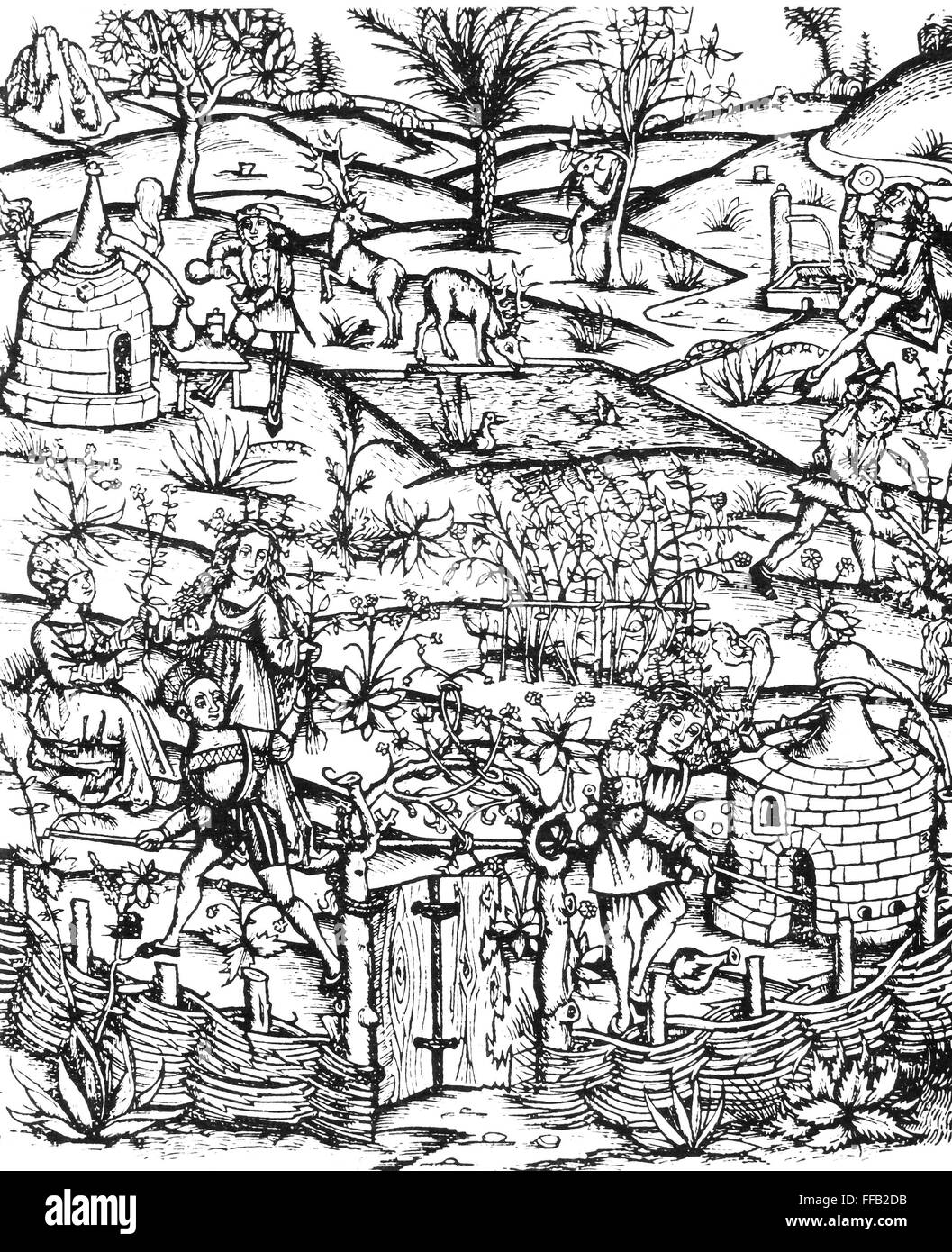 PHARMACY, c1500. /nA medieval herb garden and distillery. Woodcut ...