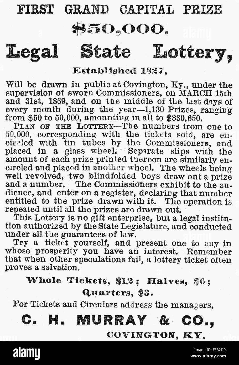 LOTTERY ADVERTISEMENT. /nFrom an American newspaper of 1869 Stock Photo ...