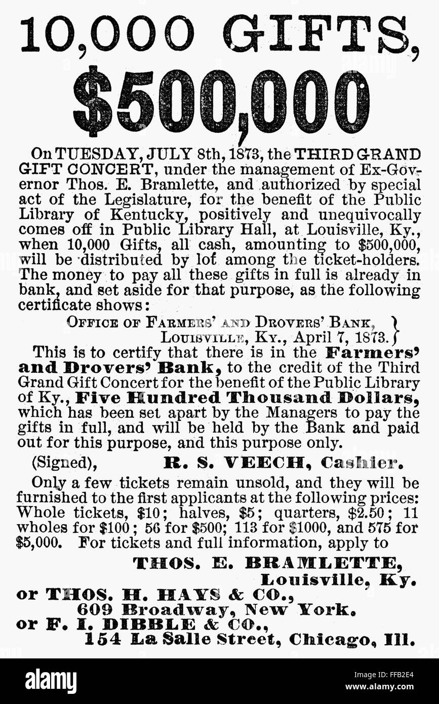LOTTERY ADVERTISEMENT. /nFrom an American newspaper of 1873 Stock Photo ...