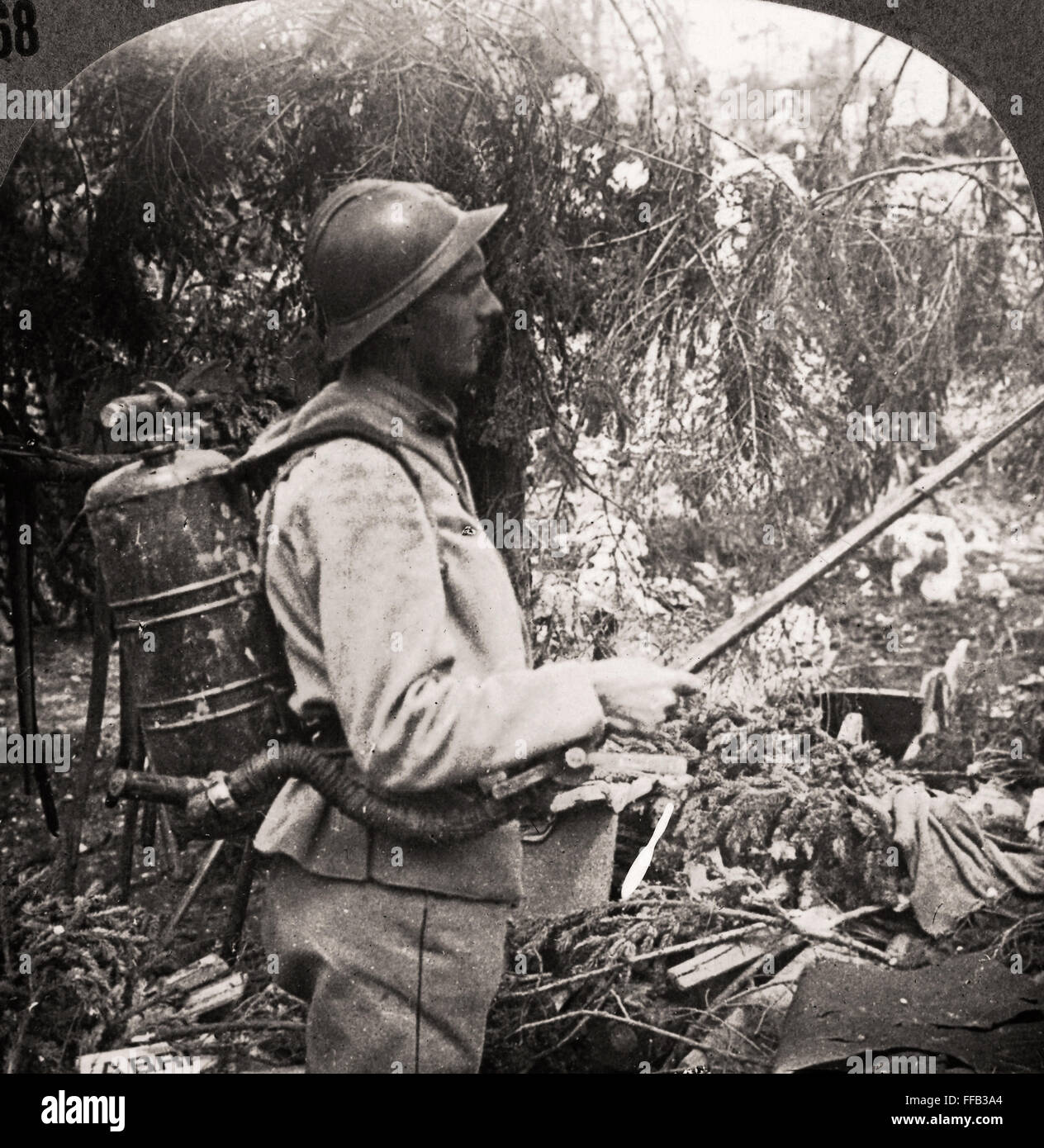 WORLD WAR I: FLAMETHROWER. /nStereograph view of a soldier with a ...
