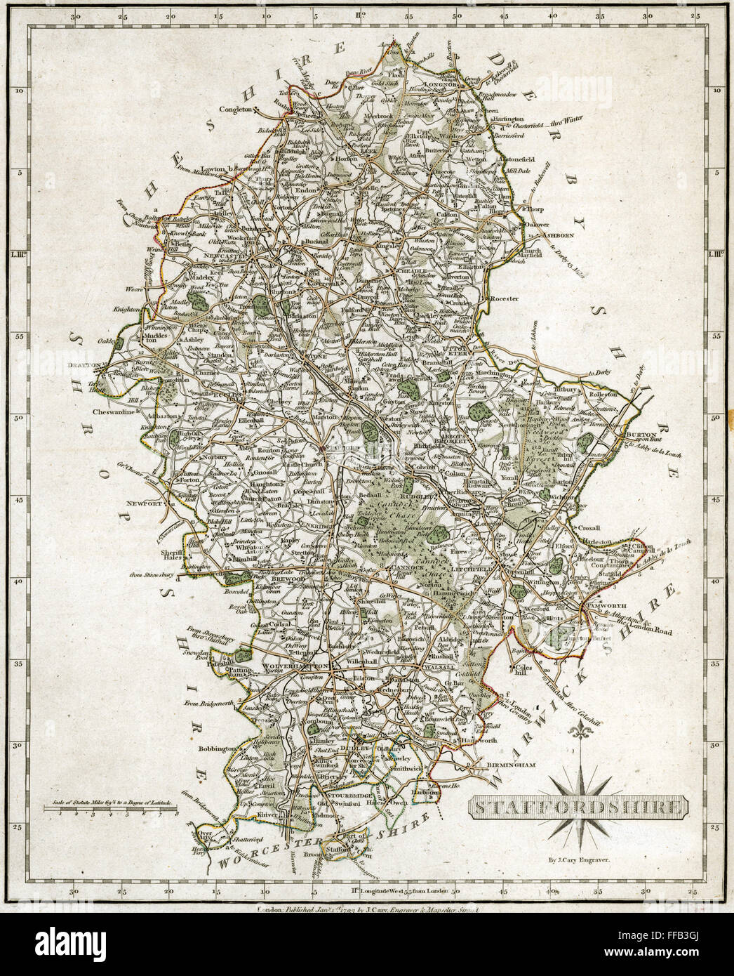 MAP OF STAFFORDSHIRE, 1793./nA map of Staffordshire, England. Line ...