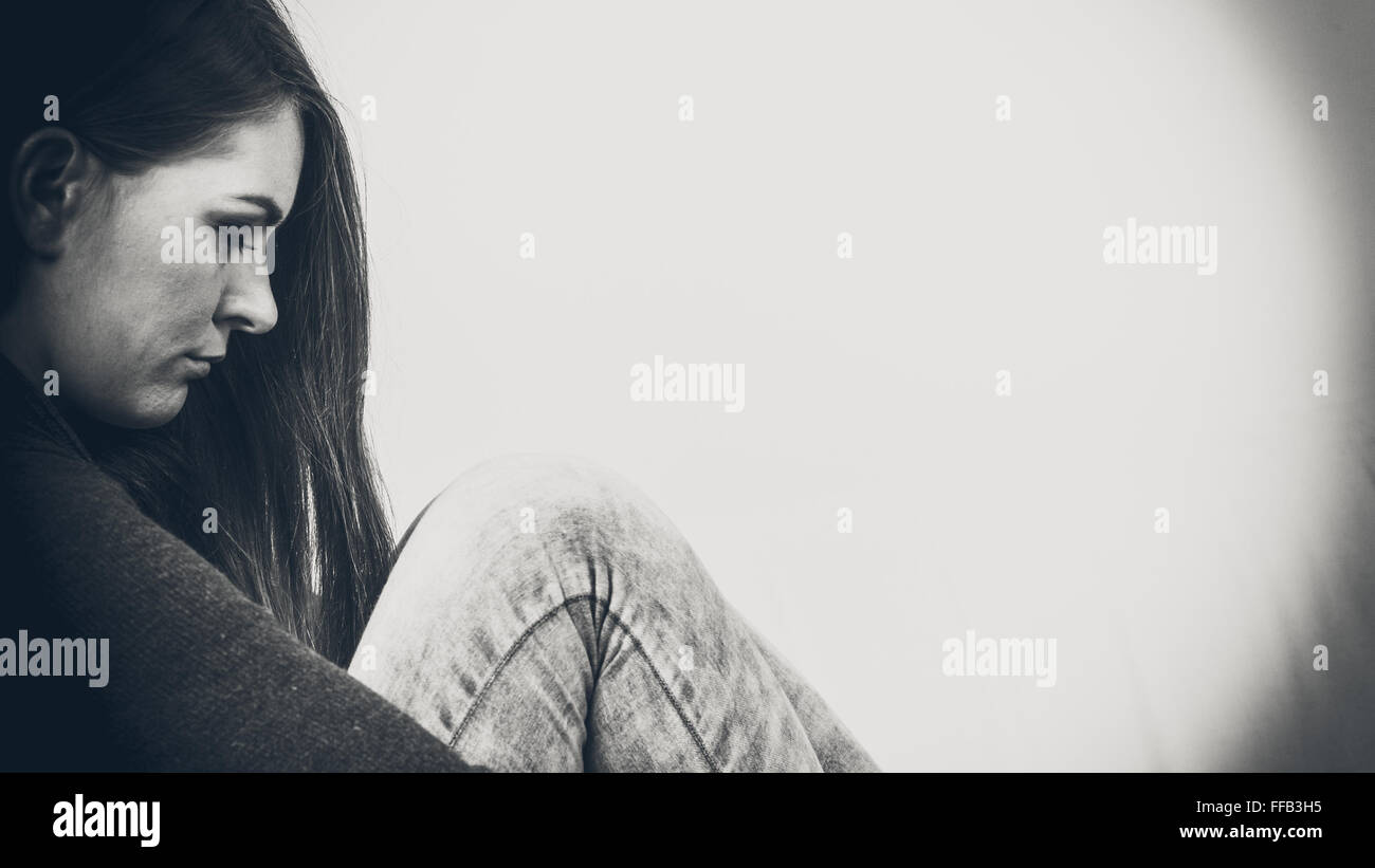 Face emotional expression of sadness. Unhappy worried thinking woman ...