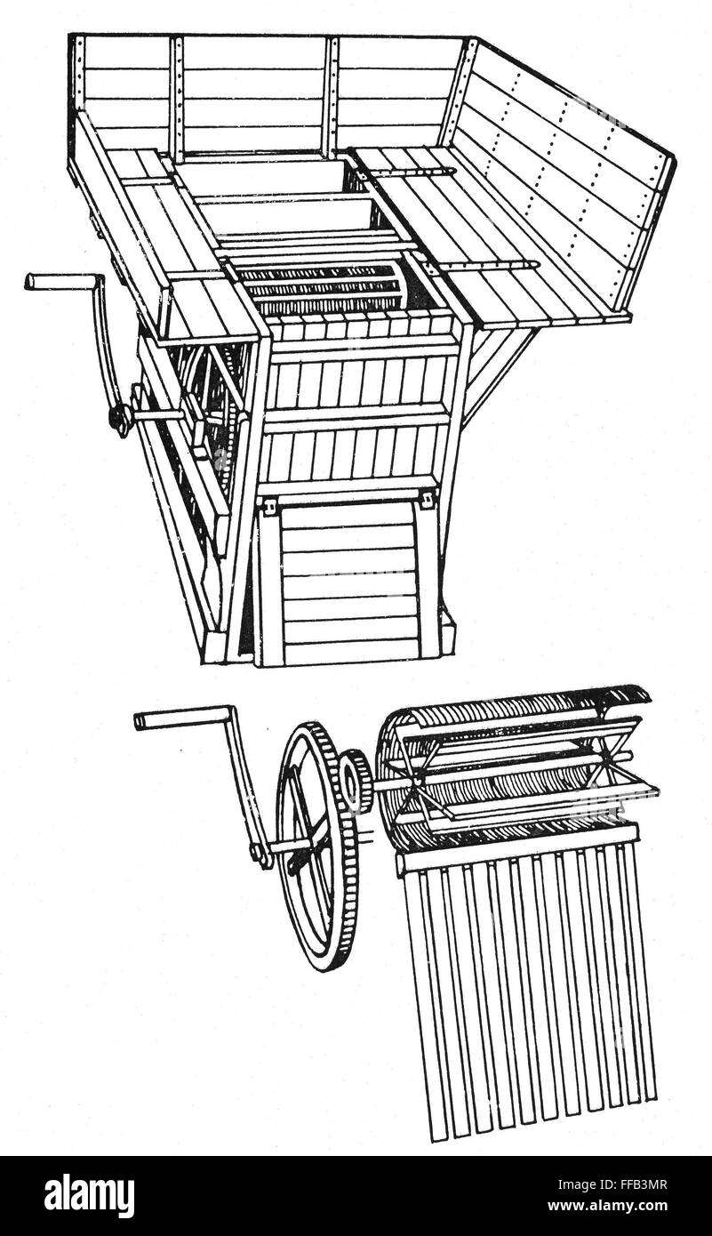 THRESHER, c1860. /nA hand-cranked thresher with its operative parts ...