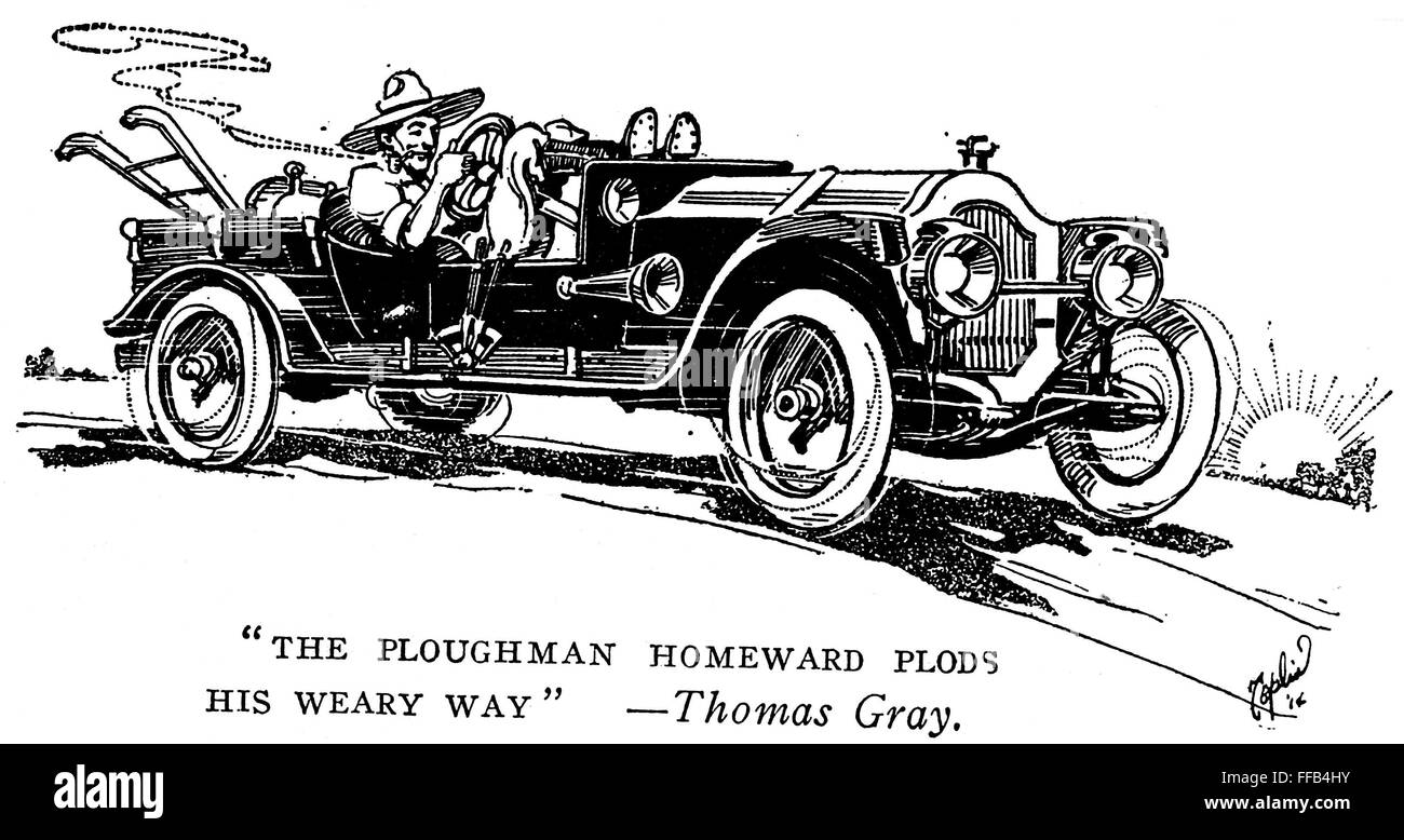 AUTOMOBILE CARTOON, 1914. /n'The ploughman homeward plods his weary way ...