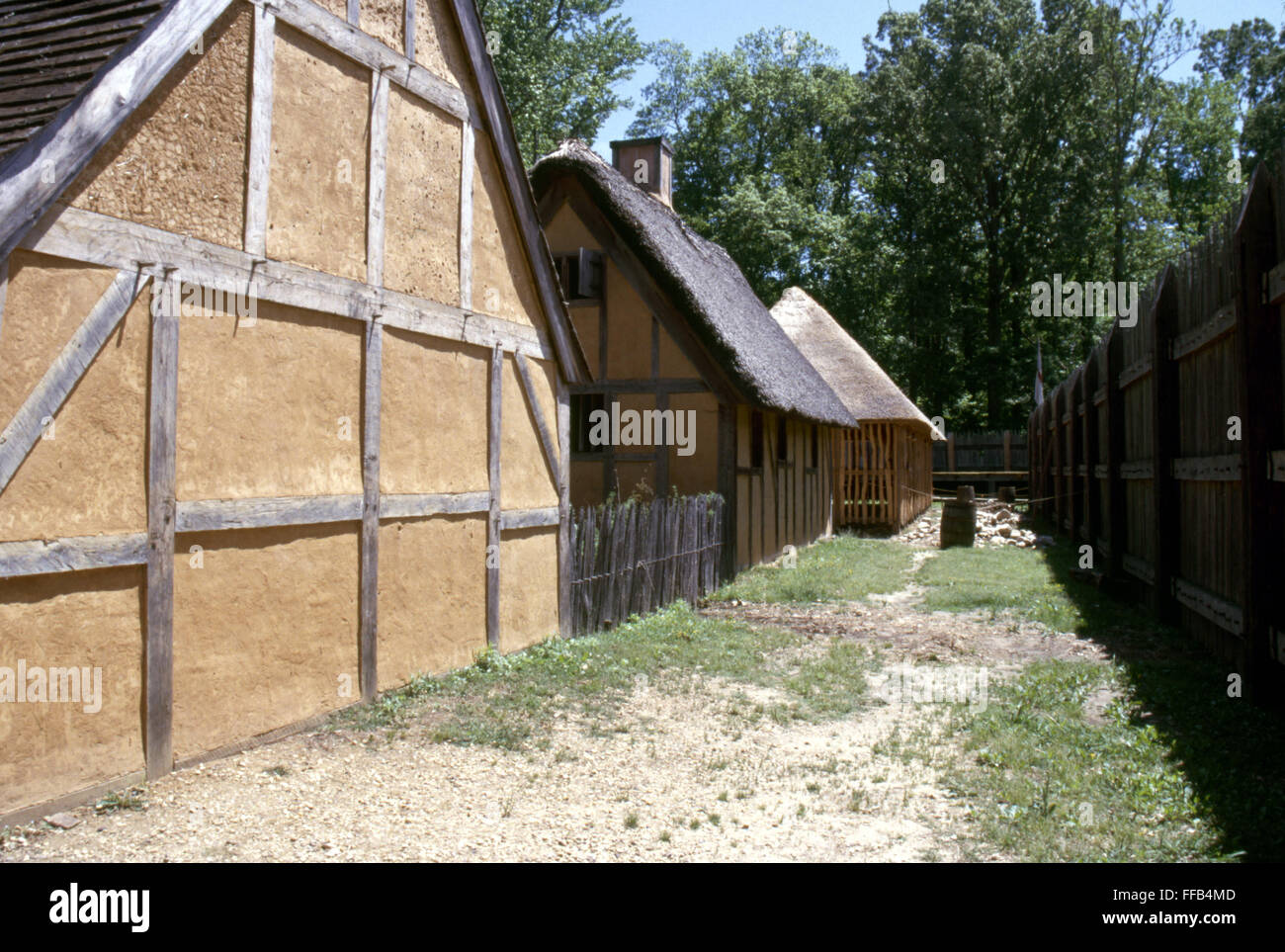 JAMES FORT RECONSTRUCTION. /nWattle and daub houses with thatched roofs ...