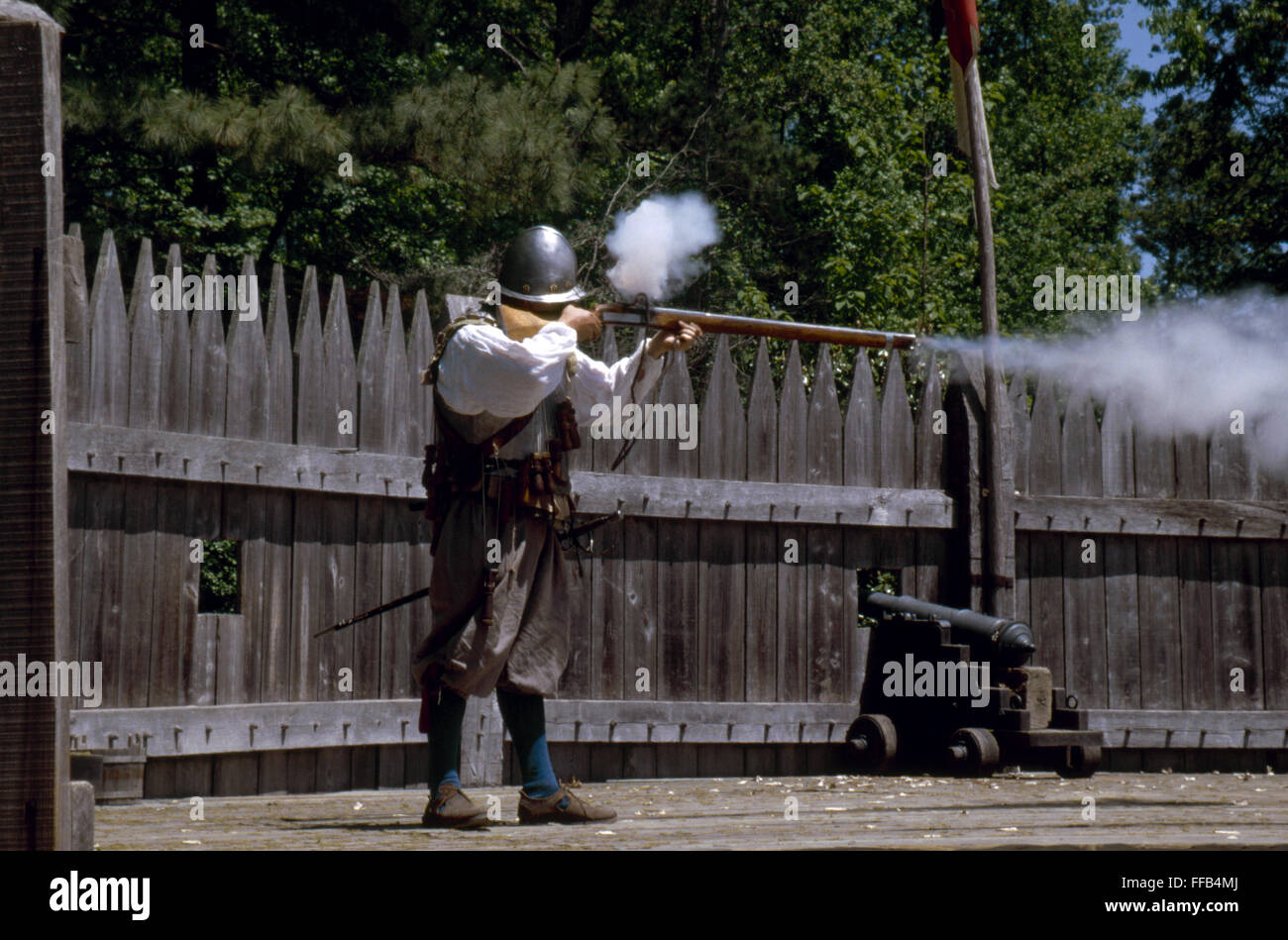JAMES FORT RECONSTRUCTION. /nA demonstration of how a matchlock musket ...