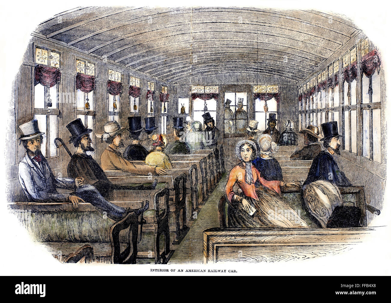 RAILROAD CAR, 1852. /nInterior of an American railroad car. Color ...