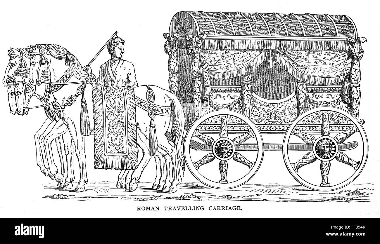ROMAN CARRIAGE. /nA Roman traveling carriage. Line engraving Stock ...