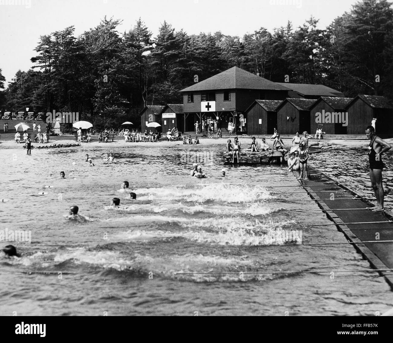 SWIMMING, 1920. /nAn outdoor pool scene at a Pennsylvania resort ...