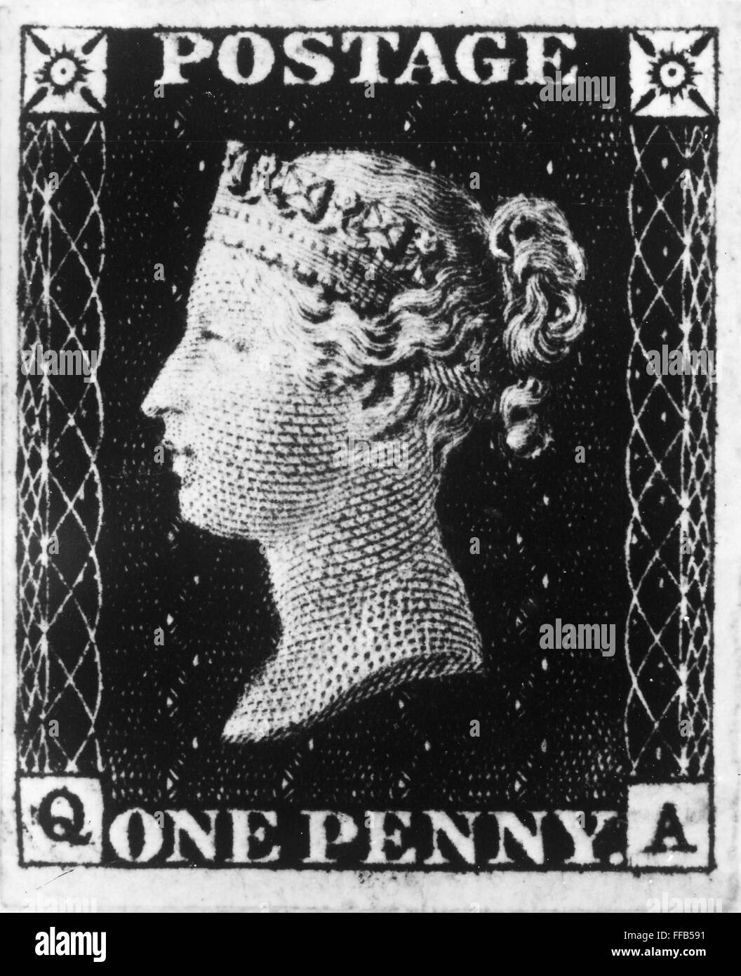 POSTAGE STAMP, 1840. /nThe 'Penny Black' of Great Britain, engraved by ...