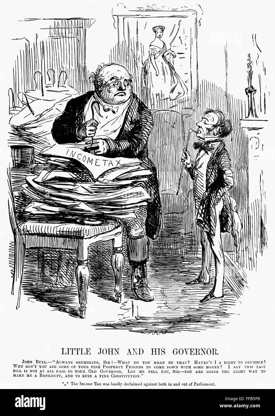 ENGLISH TAX CARTOON, 1848. /n'Little John and his Governor.' Stock ...