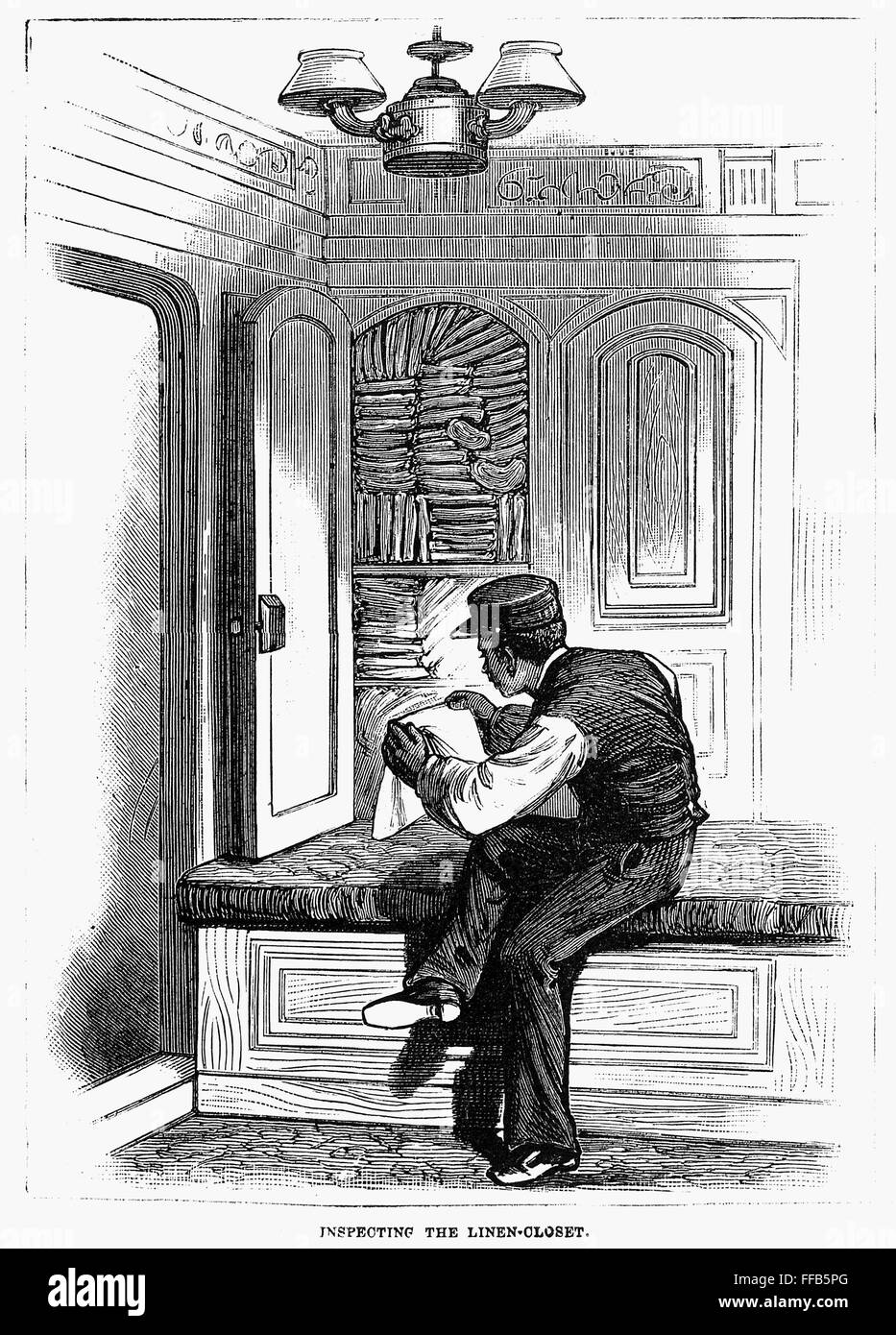 PULLMAN CAR, 1877. /nPullman porter inspecting the linen closet. Wood ...