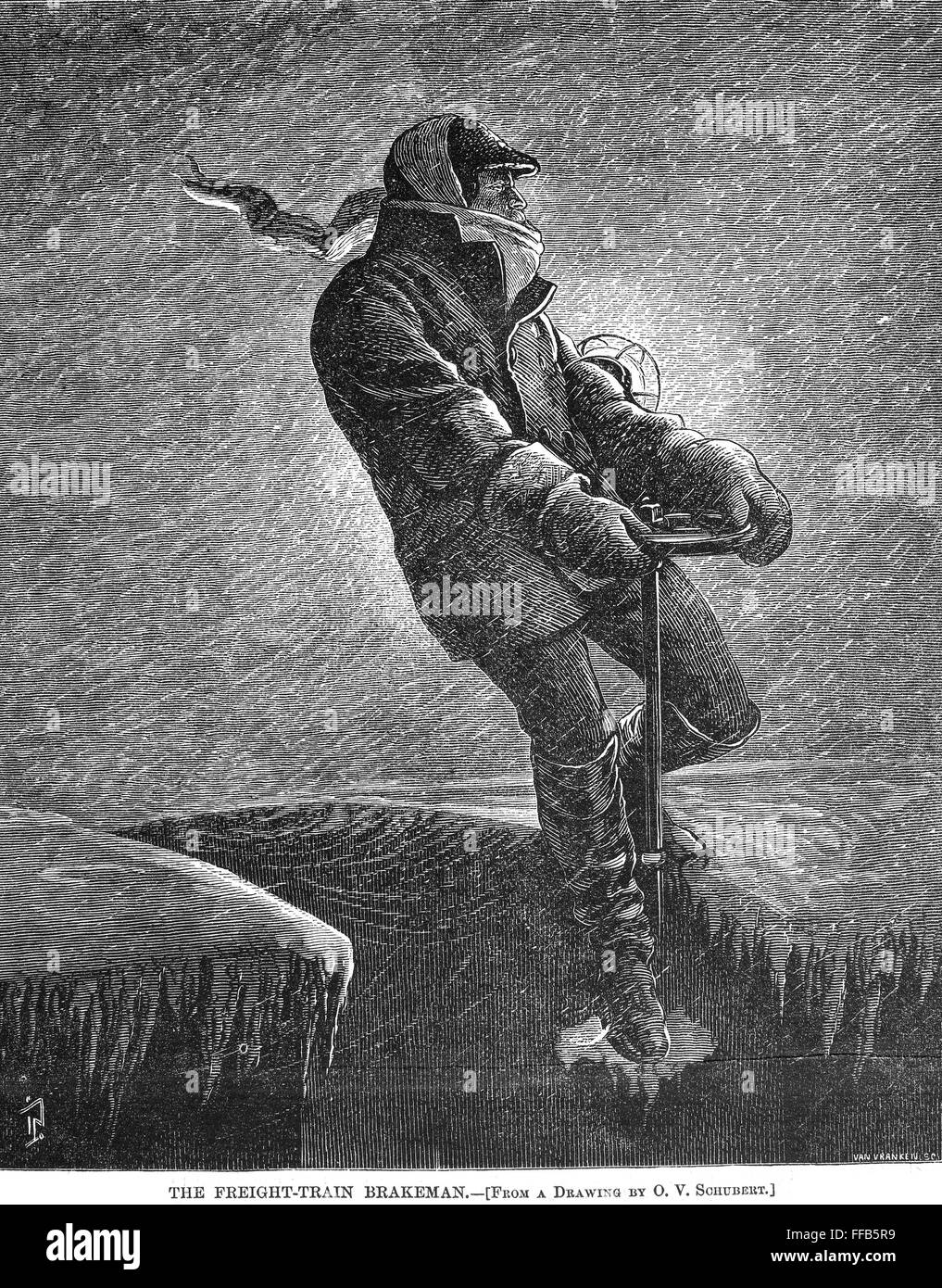 RAILROAD: BRAKEMAN, 1877. /nBrakeman on a freight train. Wood engraving ...