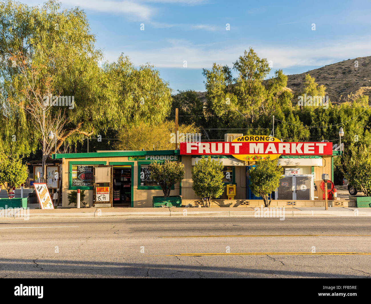 Colorful front sign at the Morongo, California Fruit Market Stock Photo ...