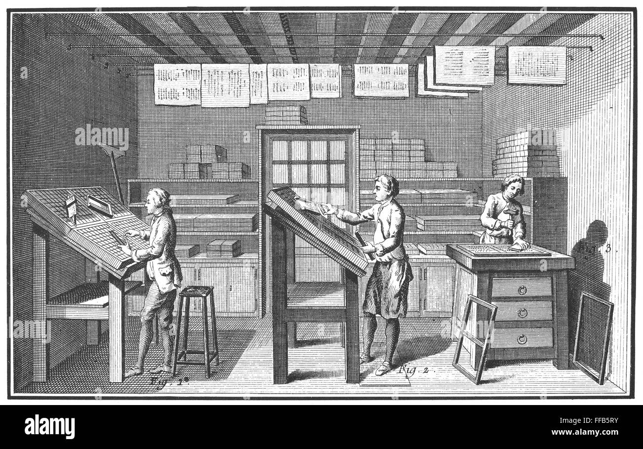 PRINT SHOP, 18th CENTURY. /nThe composing room of a printshop. Line ...