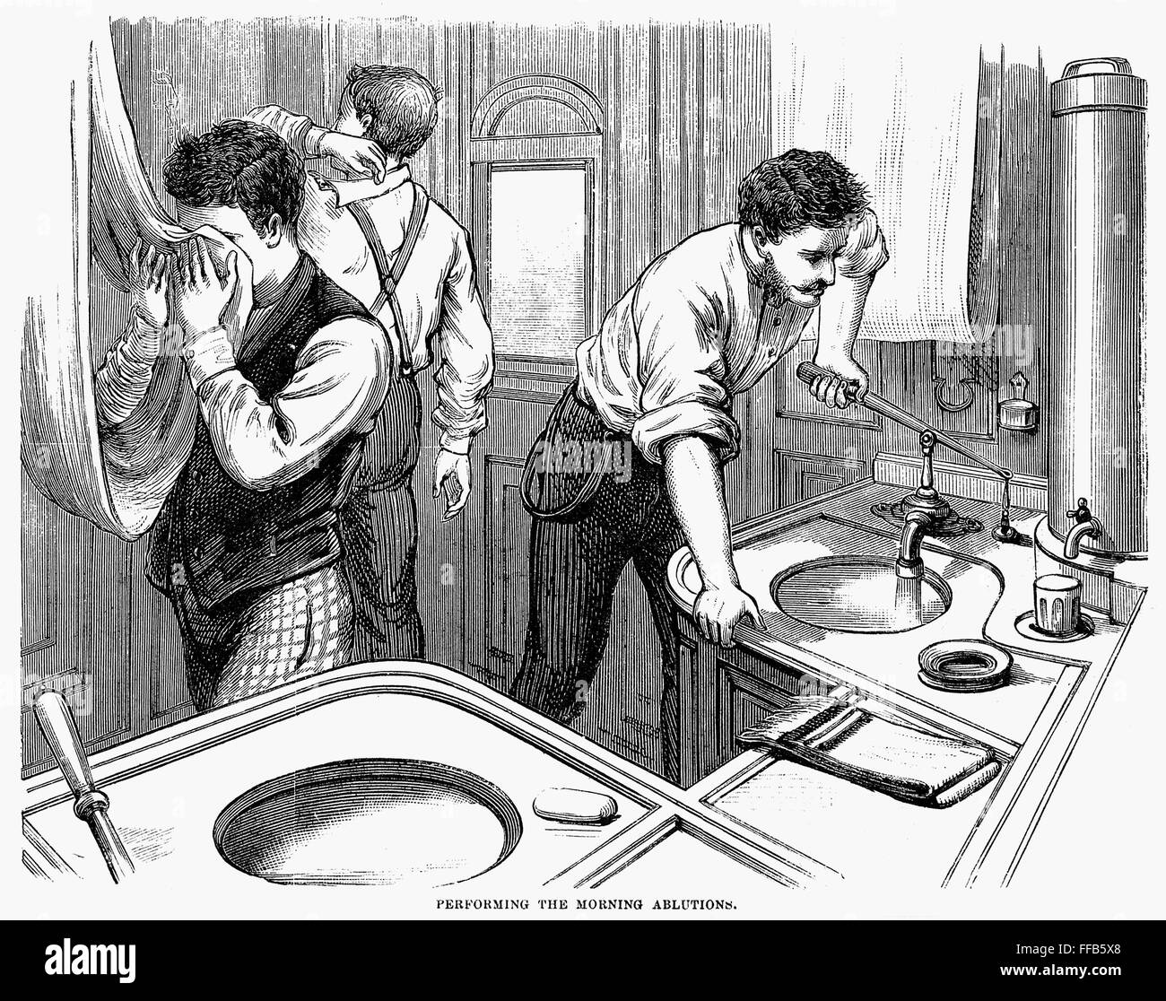 PULLMAN CAR, 1877. /nPassengers performing the morning ablutions ...