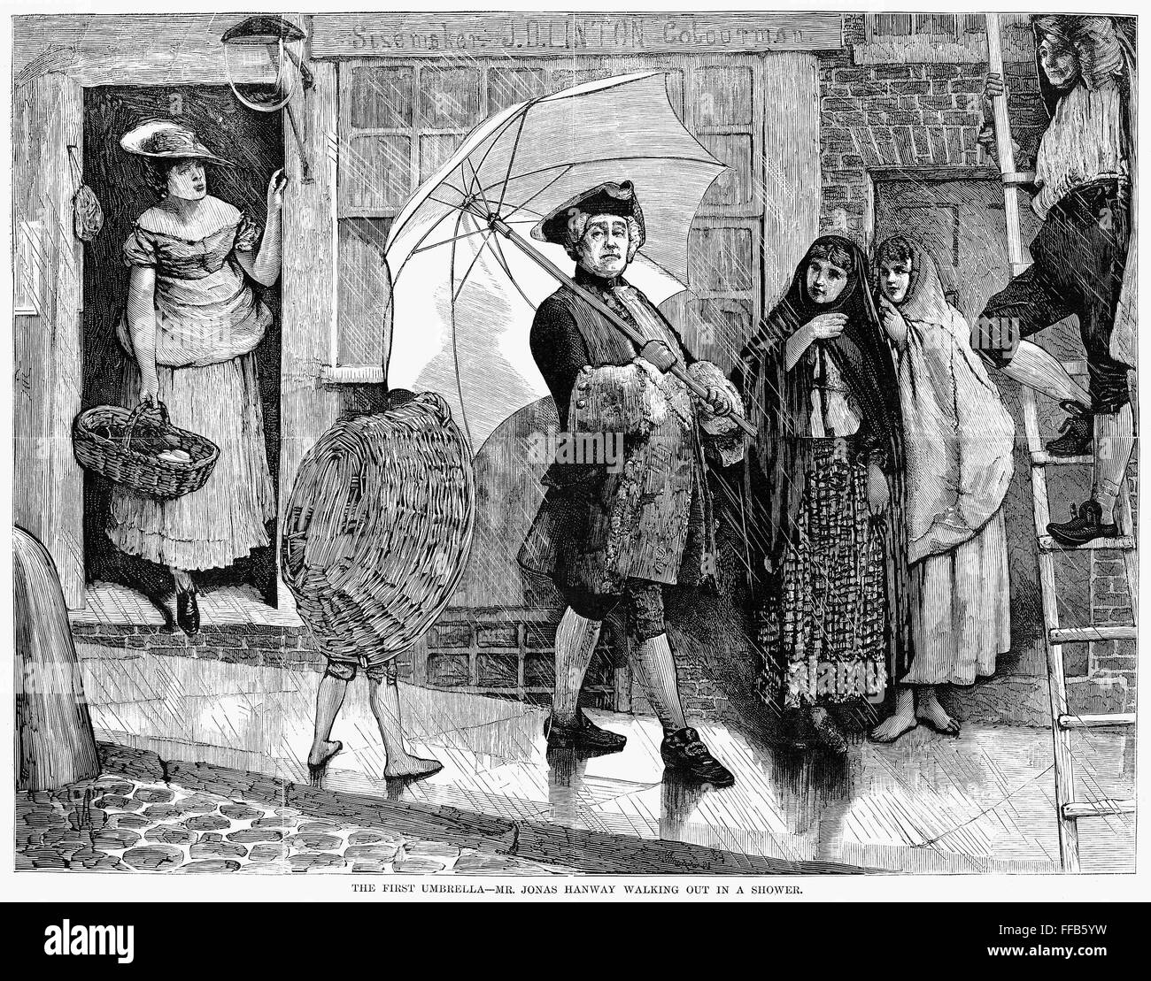 UMBRELLA, 18th CENTURY. /nThe first umbrella, used by Jonas Hanway ...