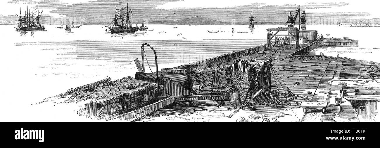 PERU: CALLAO, 1881. /nDock at Callao, Peru, with a battery destroyed in ...