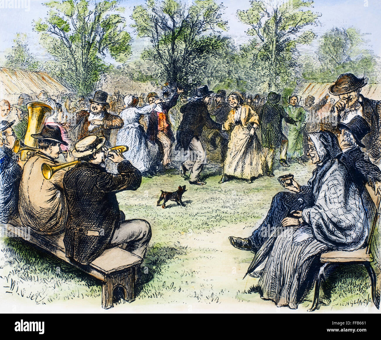 COUNTRY DANCE, c1870. /nA country dance on the American frontier. Wood ...