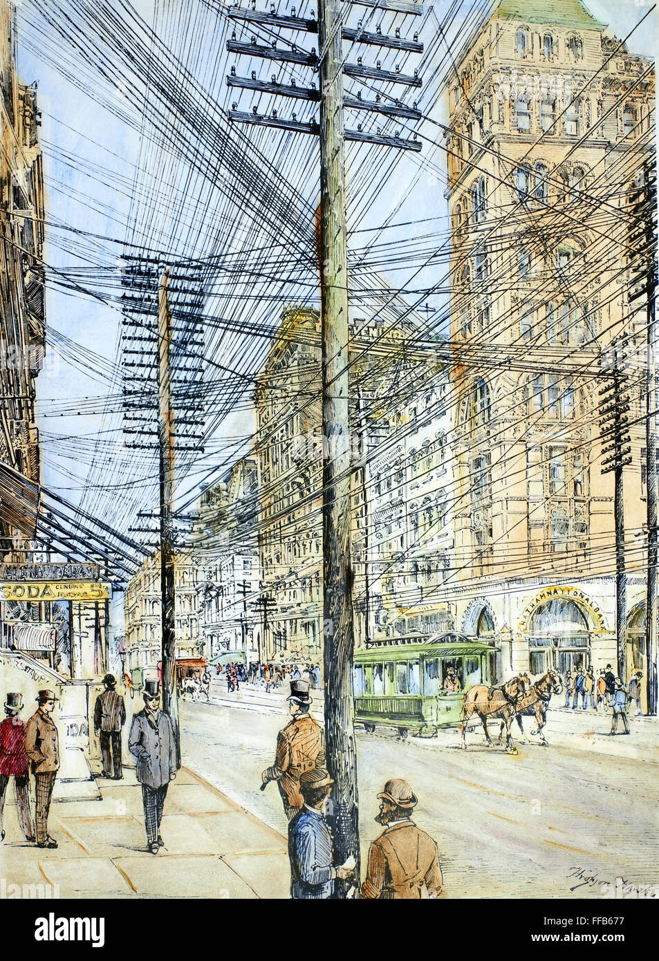 TELEGRAPHY, 1889. /nDisorderly telegraph wires on lower Broadway, New ...