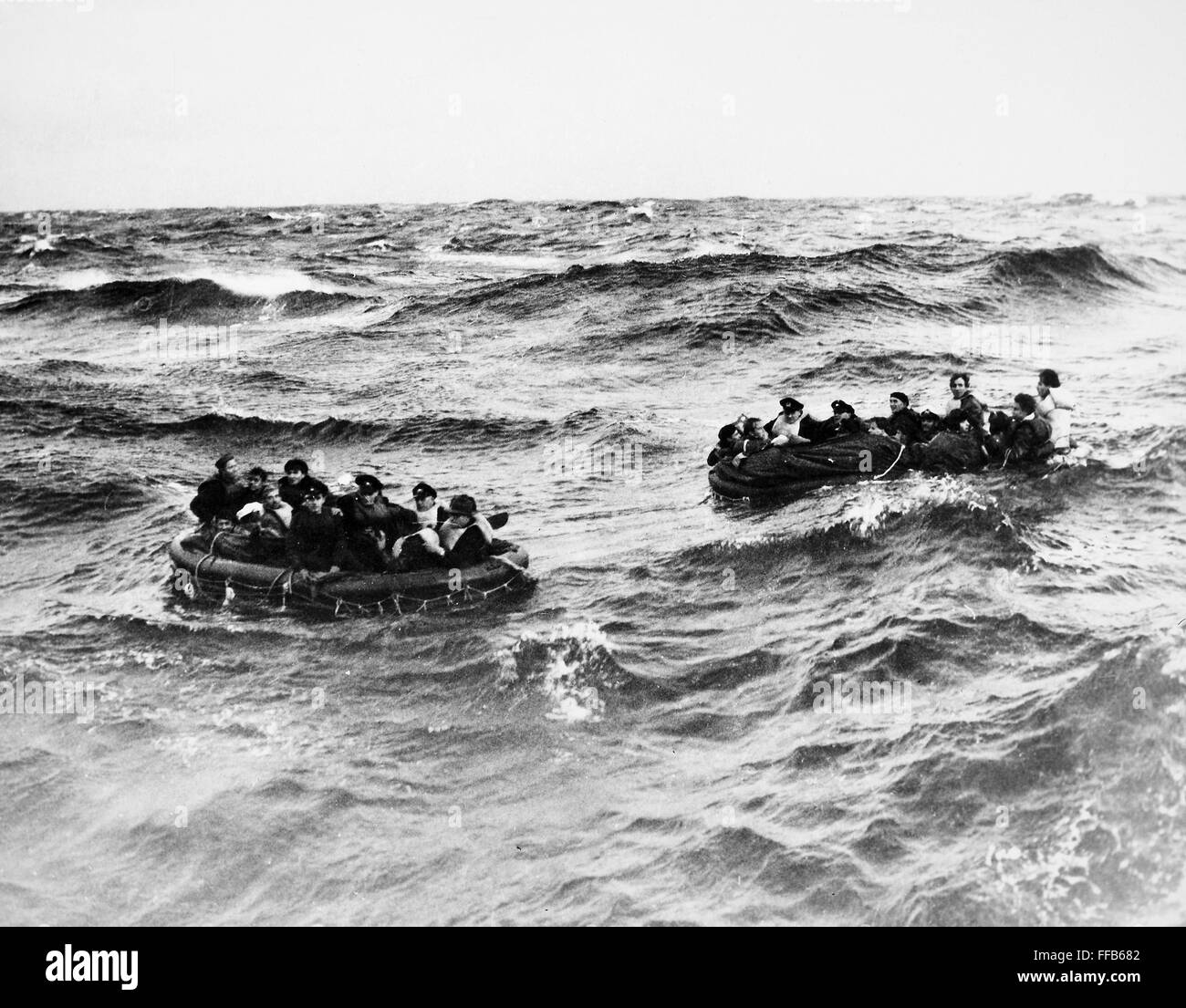 SHIPPING: LIFE RAFTS, 1956. /nThe crew of a sunken freighter floating ...