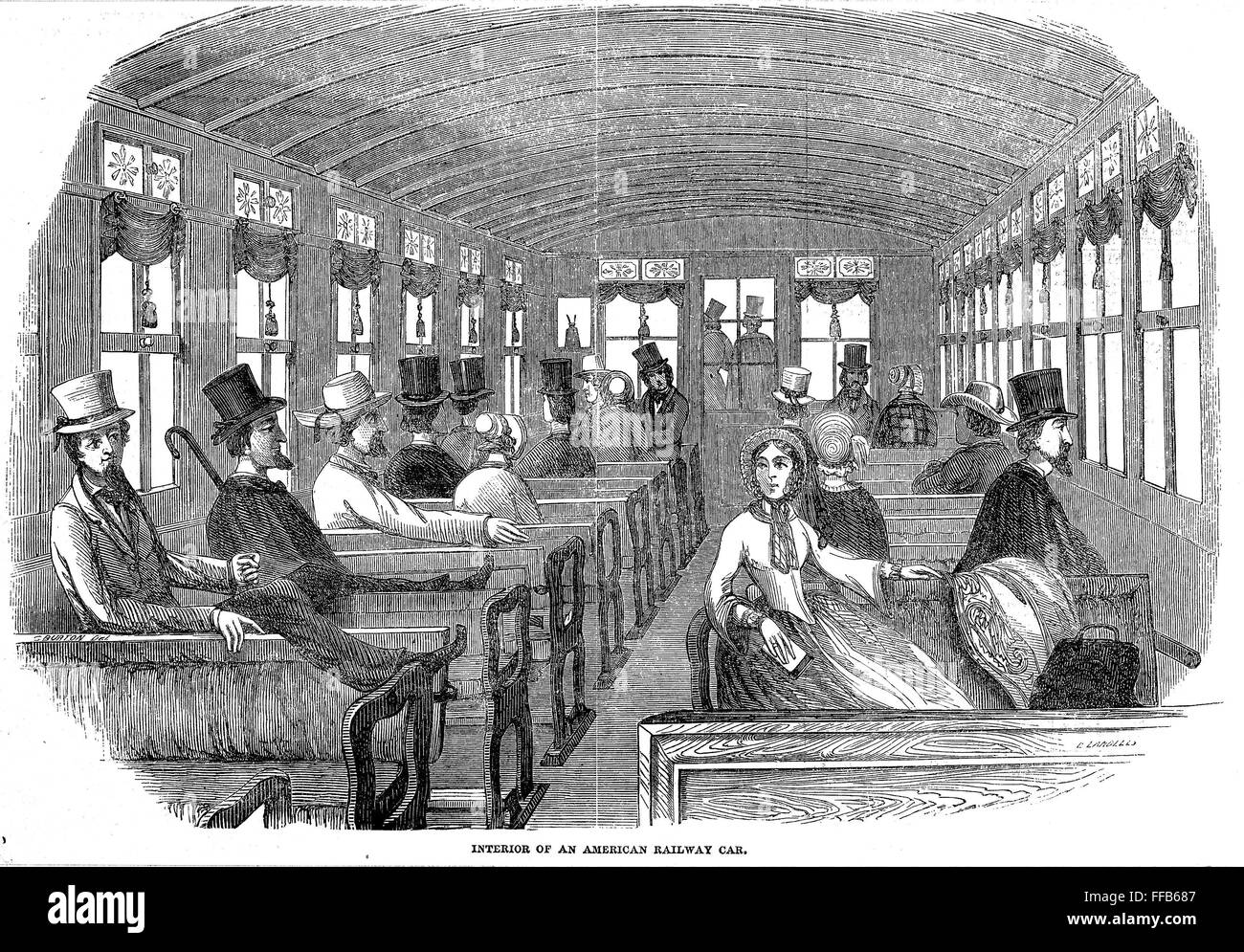 RAILROAD: INTERIOR, 1852. /nInterior of an American railroad car. Wood ...
