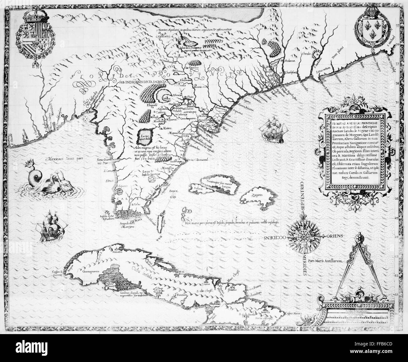 FLORIDA: MAP, 1591. /nEngraved map of Florida by Jacques Le Moyne de ...