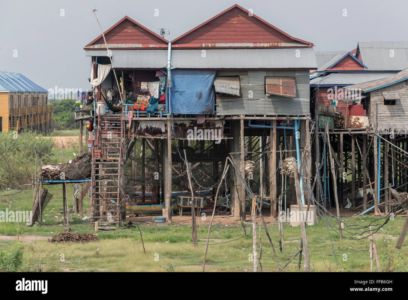 Tall stilt houses at Chong Khneas, Siem Reap River, Cambodia Stock ...