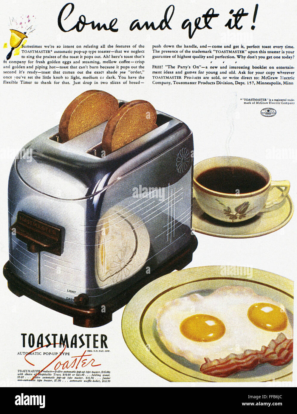 TOASTER AD, 1938. /nAmerican advertisement, 1938, for the Toastmaster ...
