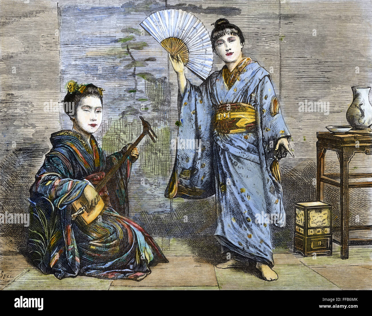 JAPAN: GEISHA DANCER, 1874. /nA Japanese geisha girl practising her ...