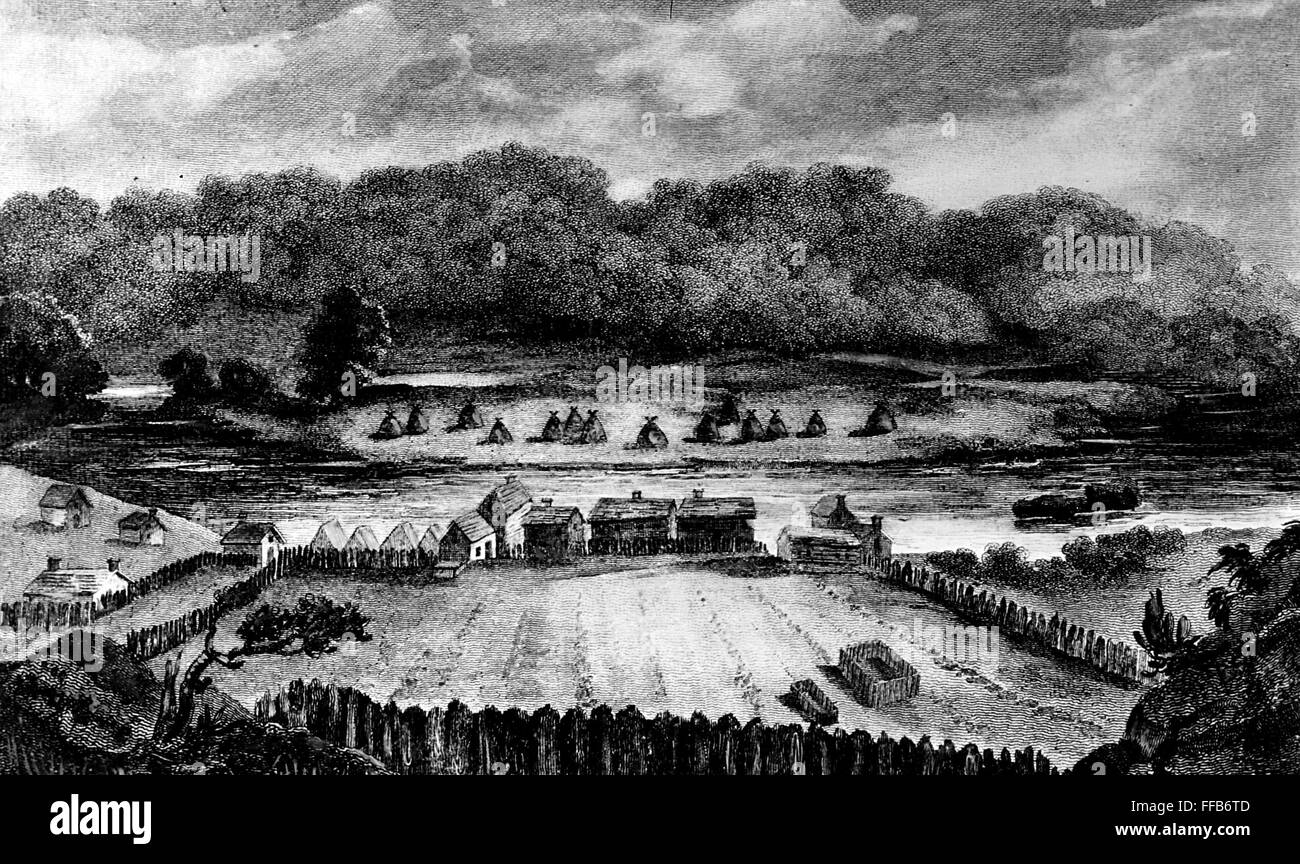 FUR TRADING POST, 1827. /nTrading post of the American Fur Company on ...