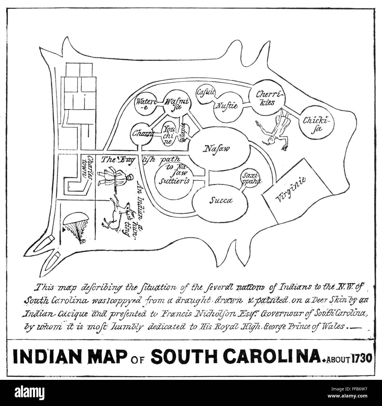 MAP: SOUTH CAROLINA, c1730. /nCopy of a Cherokee map of South Carolina ...