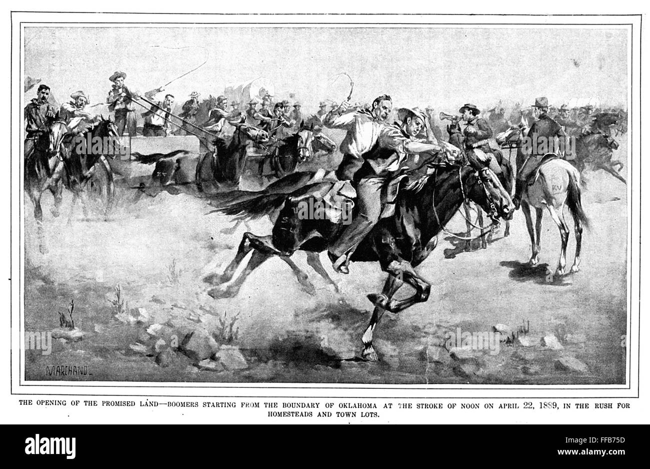 OKLAHOMA LAND RUSH, 1889. /nAt the direction of U.S. cavalry troops ...