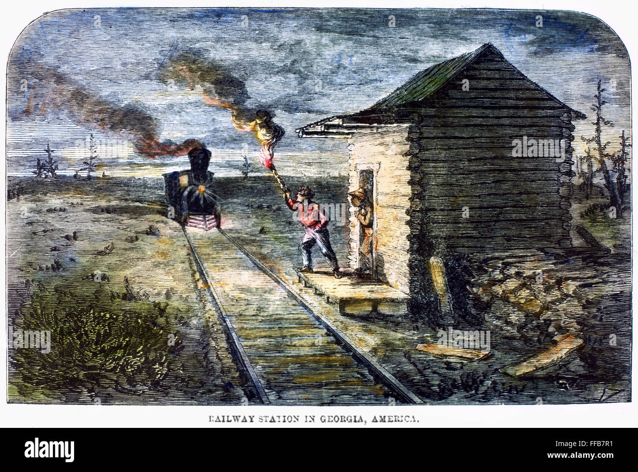 RAILROAD STATION, 1861. /nRailway station in Georgia. Wood engraving ...