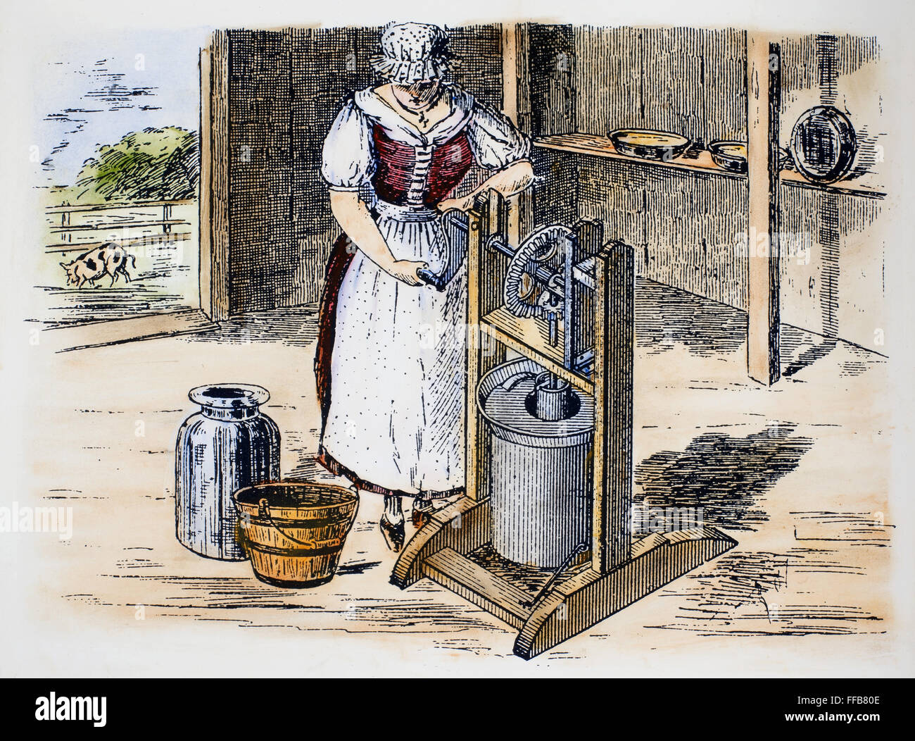 BUTTER CHURN, 1884. /nAmerican rotary butter churn, 1884. Line ...