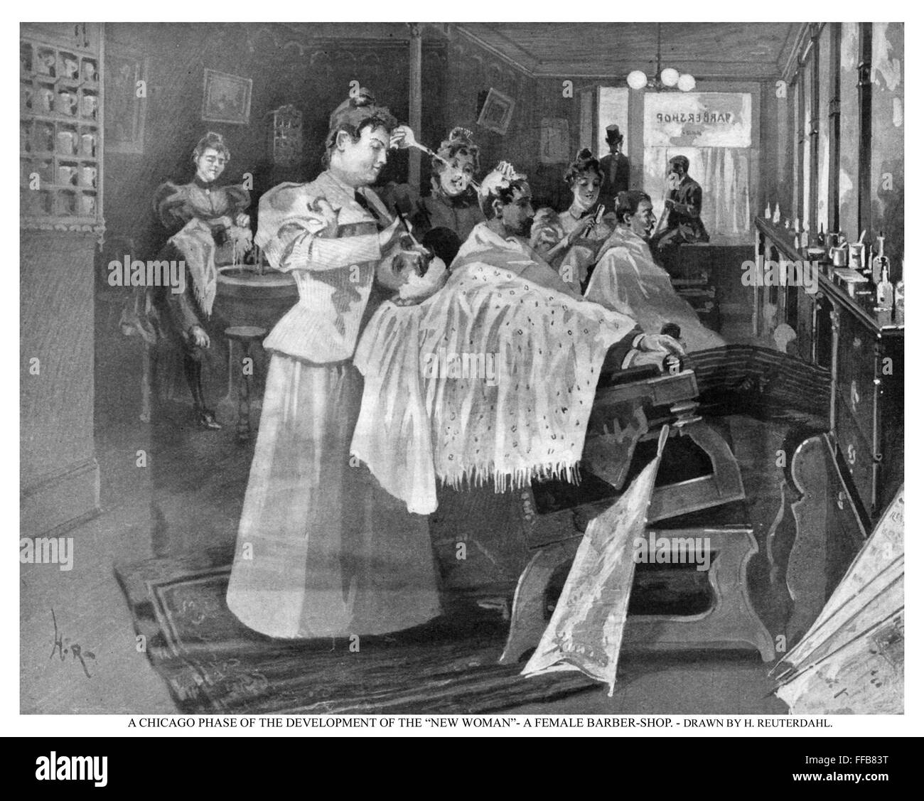FEMALE BARBER-SHOP, 1895. /n'A Chicago phase of the development of the ...
